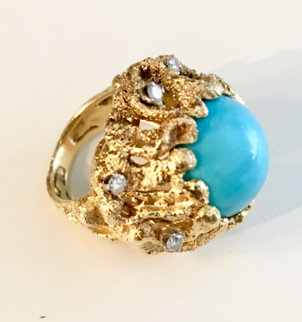 GEORGE WEIL TURQUOISE RING WITH DIAMONDS,SIGNED